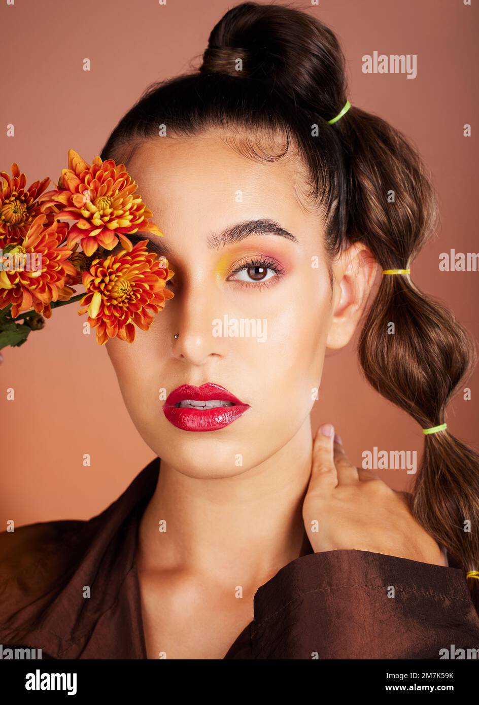 Makeup, beauty or woman in studio with flowers for art fashion and ...