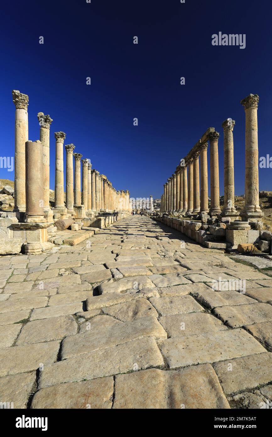 View over the colonnaded Cardo street in Jerash city, Jordan, Middle ...