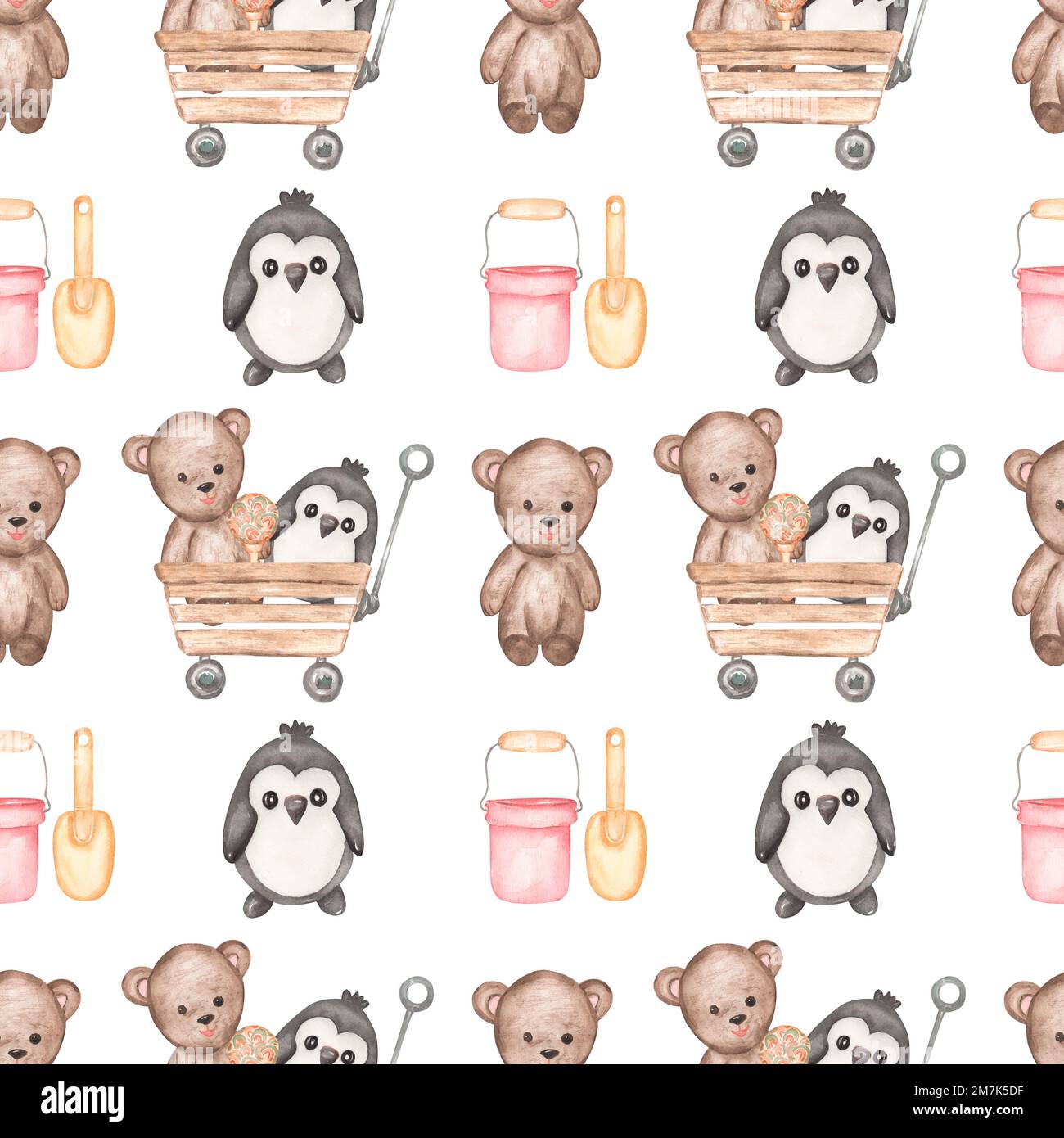 Watercolor seamless pattern with cute kids toys. Bear and penguin ...