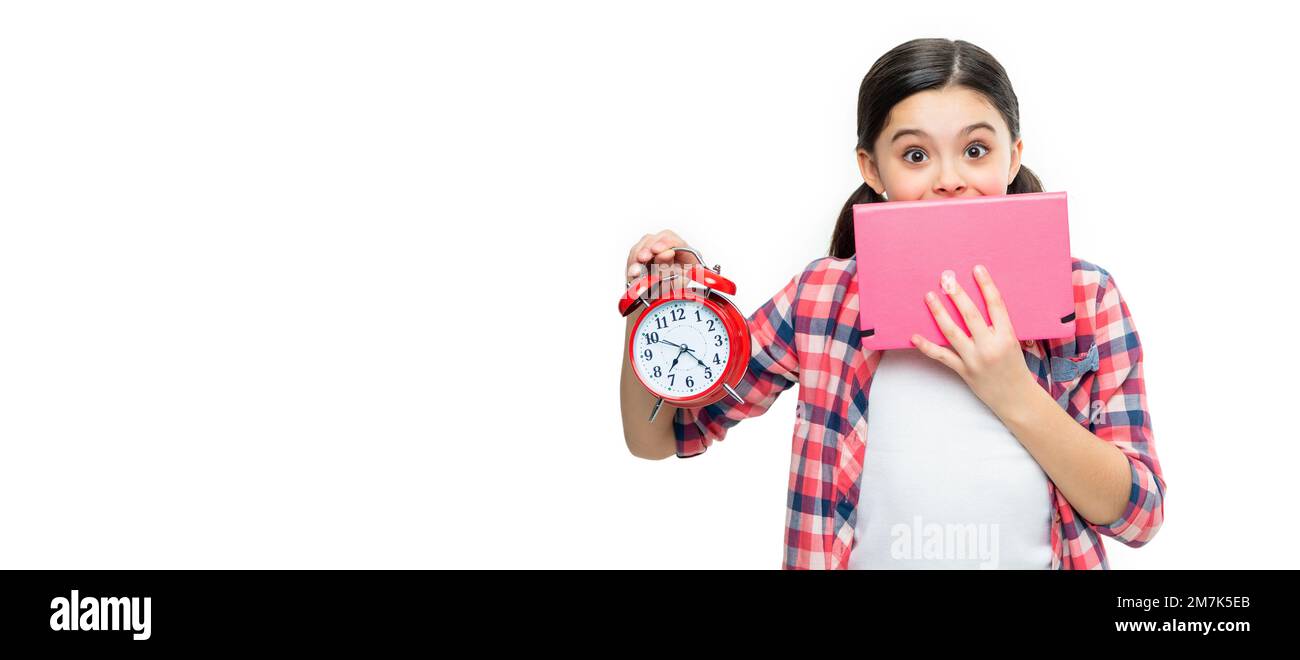 photo of school girl with alarm clock and homework, advertisement ...