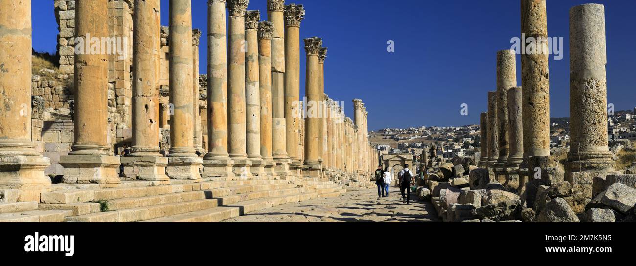 View over the colonnaded Cardo street in Jerash city, Jordan, Middle ...