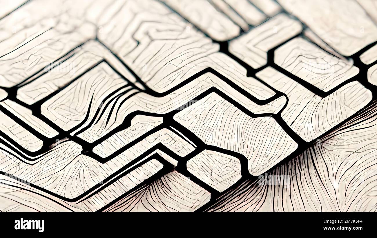 Black circuit-like lines running in a white modern geometric pattern ...