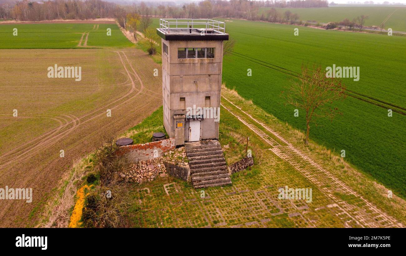 An aerial of the historical border tower of the GDR, a watchtower near ...