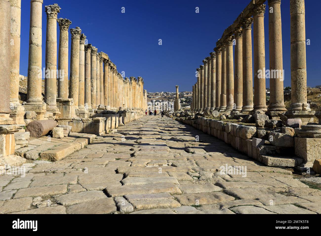 View over the colonnaded Cardo street in Jerash city, Jordan, Middle ...