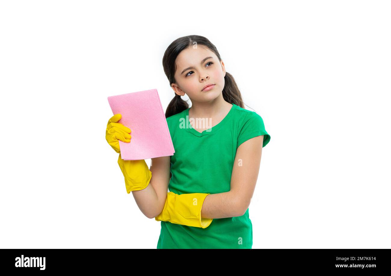 thoughtful girl cleaner do chores in studio. girl cleaner do chores on ...