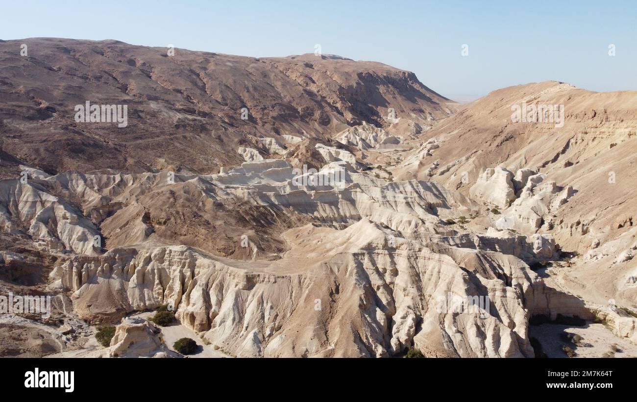 Desert view with dead sea green water. Taken by aerial footage perfect ...