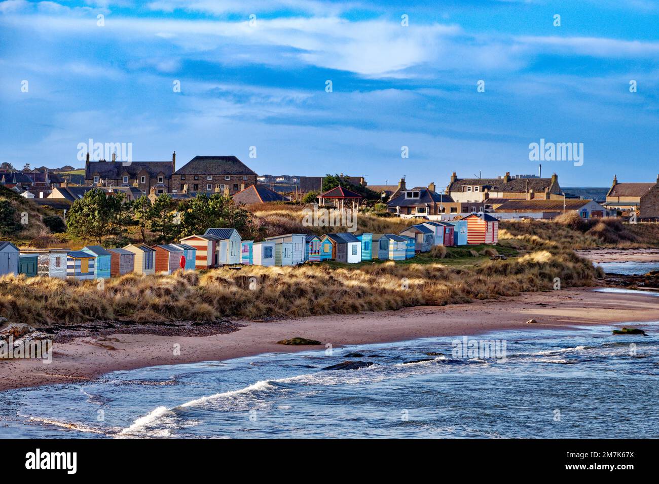 Hopeman village Moray Coast Scotland view over the blue sea to beach ...