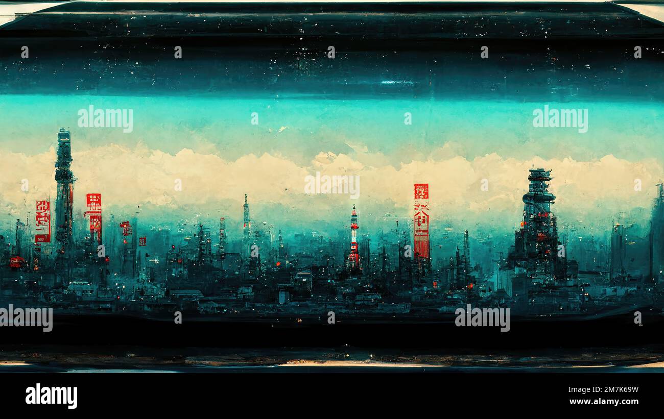 Concept art of a distant view of a Tokyo cityscape with green ...