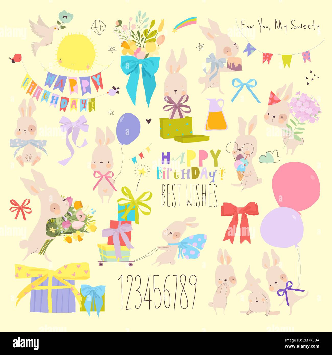 Cartoon Birthday Set with Funny Bunnies ,Flowers and Gifts Stock Vector ...
