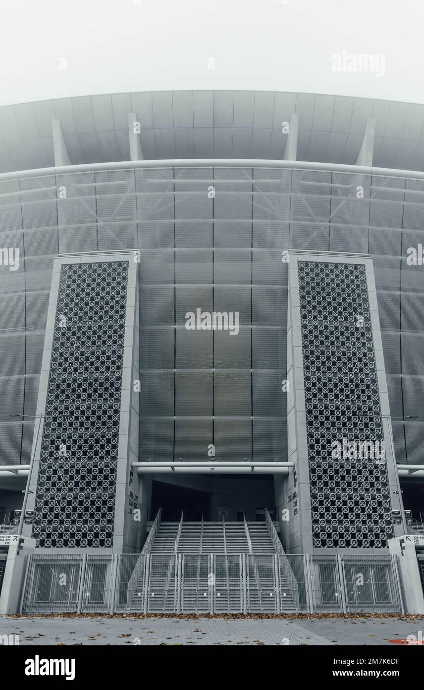 A vertical view of the entrance gate at the Puskas Ferenc stadium in ...