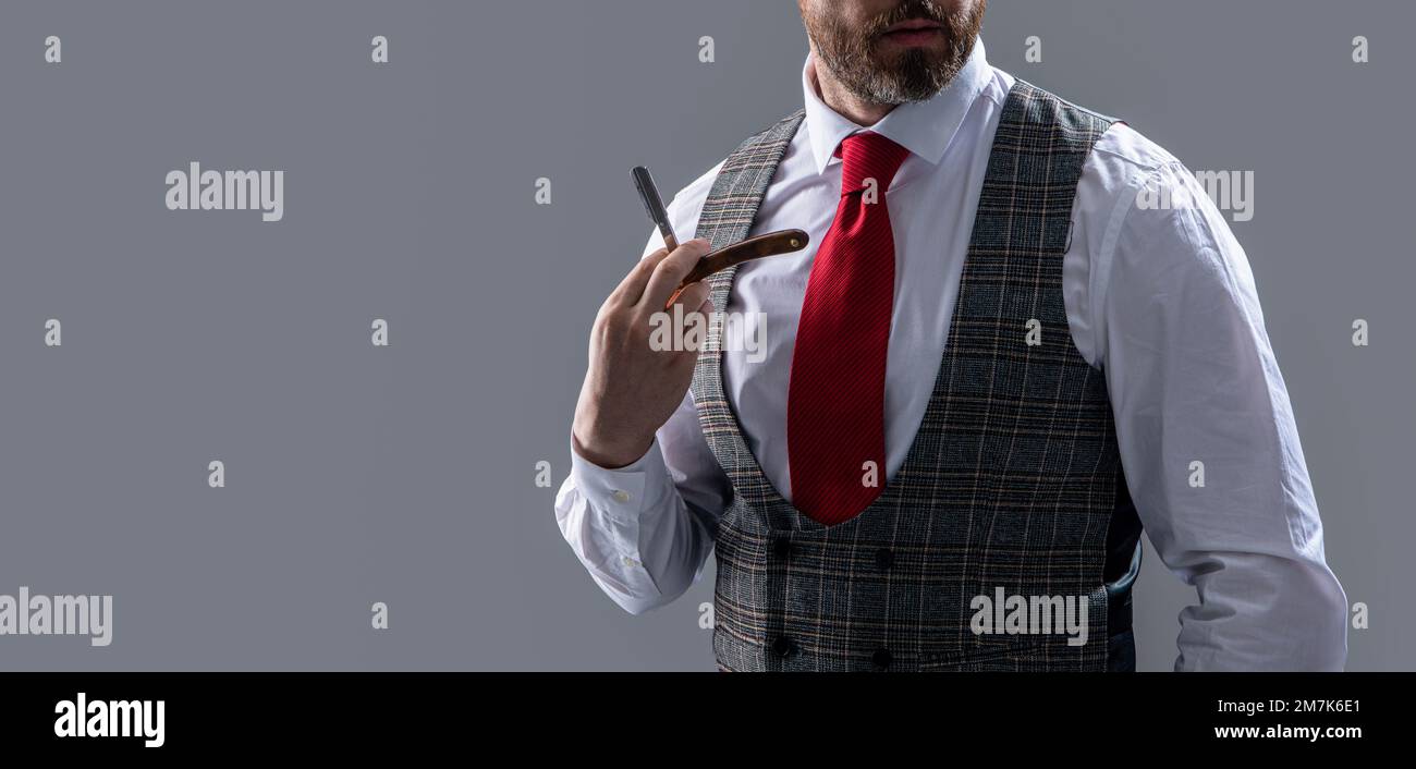 man barbering in barber studio, copy space. bearded man barber ...