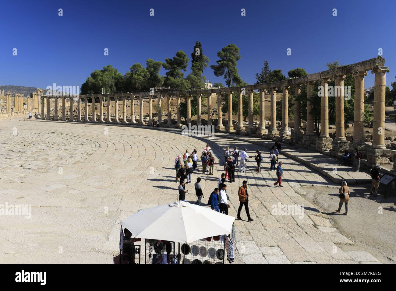 View over the Colonnaded Oval Plaza in Jerash city, Jordan, Middle East ...