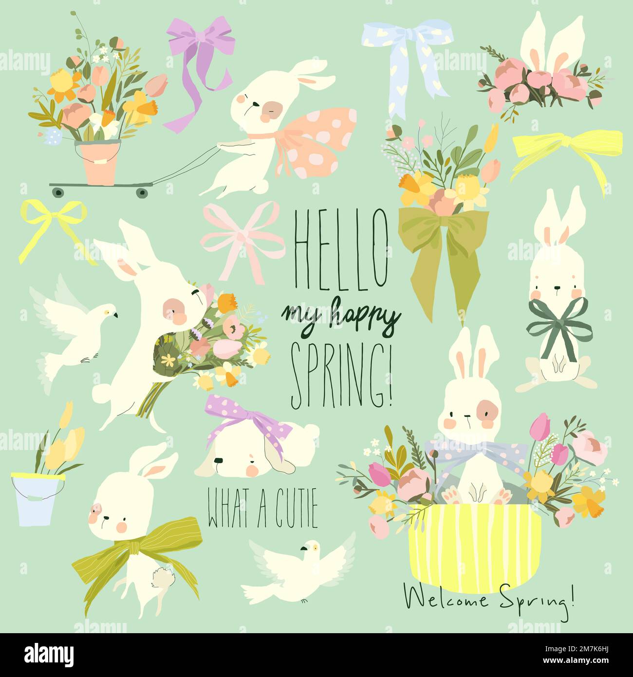 Cartoon Spring Bunnies with Flowers and Bows Stock Vector Image & Art ...