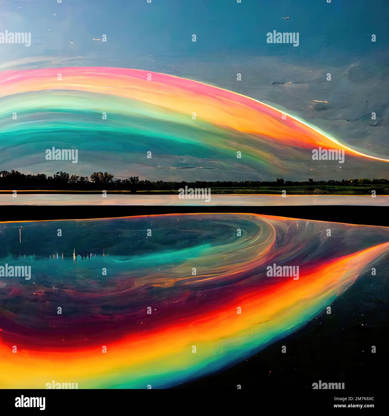 Beautiful reflections of the lake surface with rainbow, elegant ...