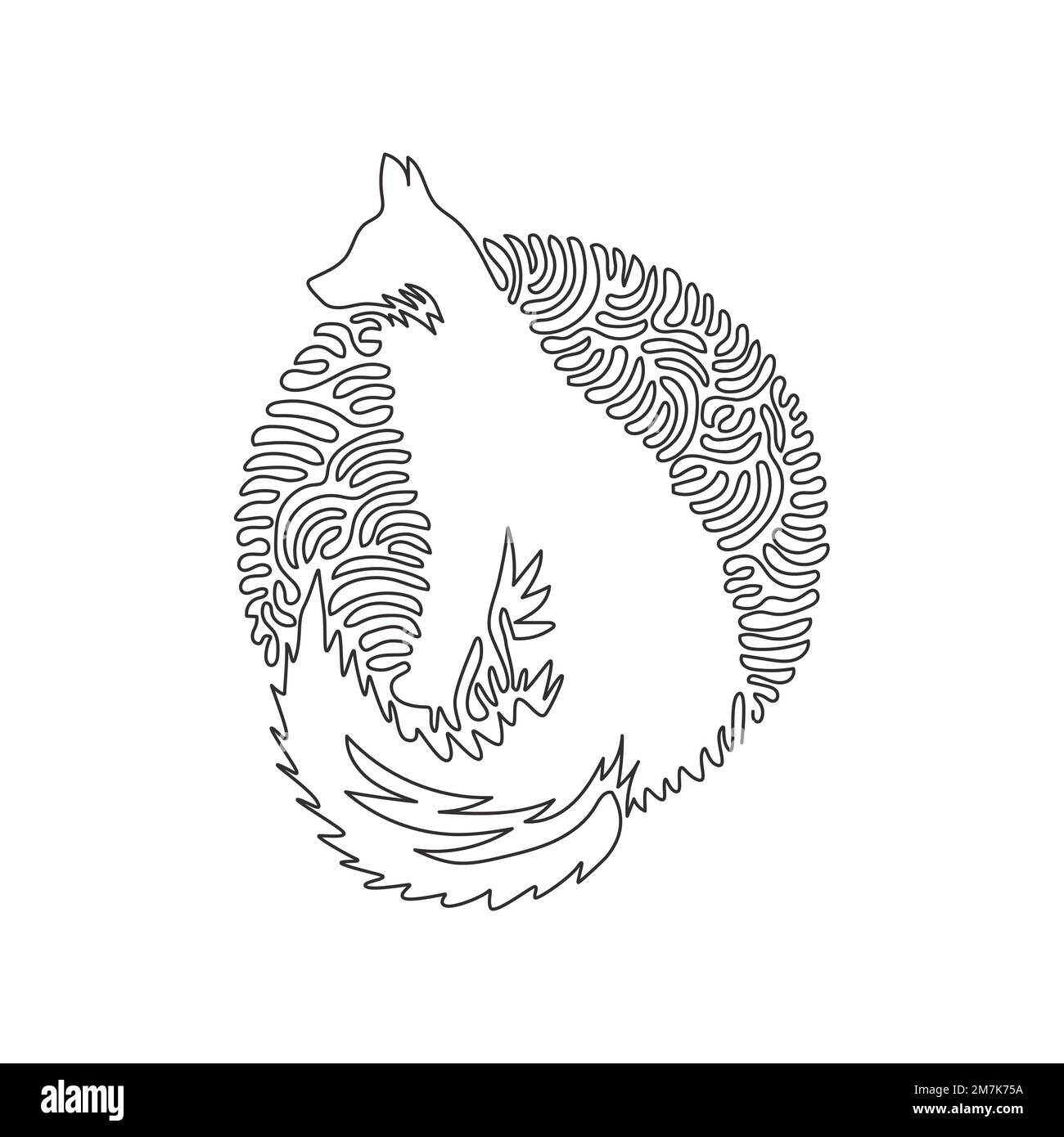 Continuous Curve One Line Drawing Of Cute Sitting Fox Abstract Art