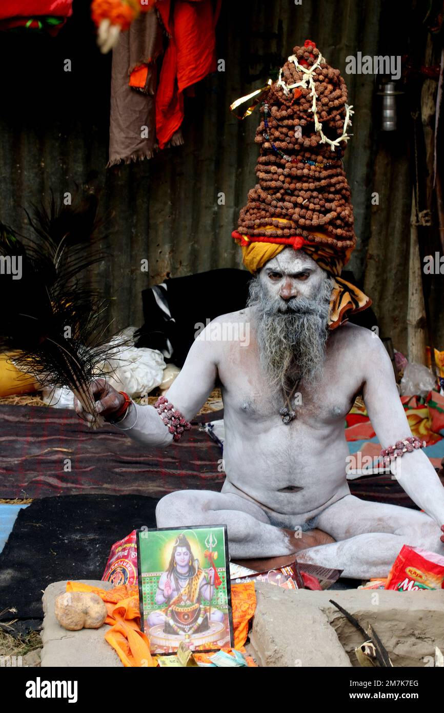 Naga Sadhu or Hindu holy man in a transit camp on the way to Gangasagar ...