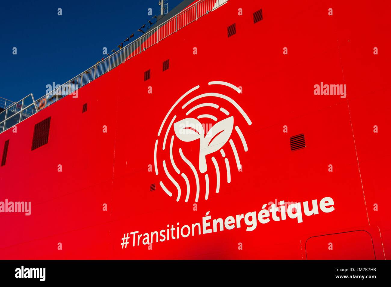 The logo "transition energetique" is painted on the new ferry of the ...