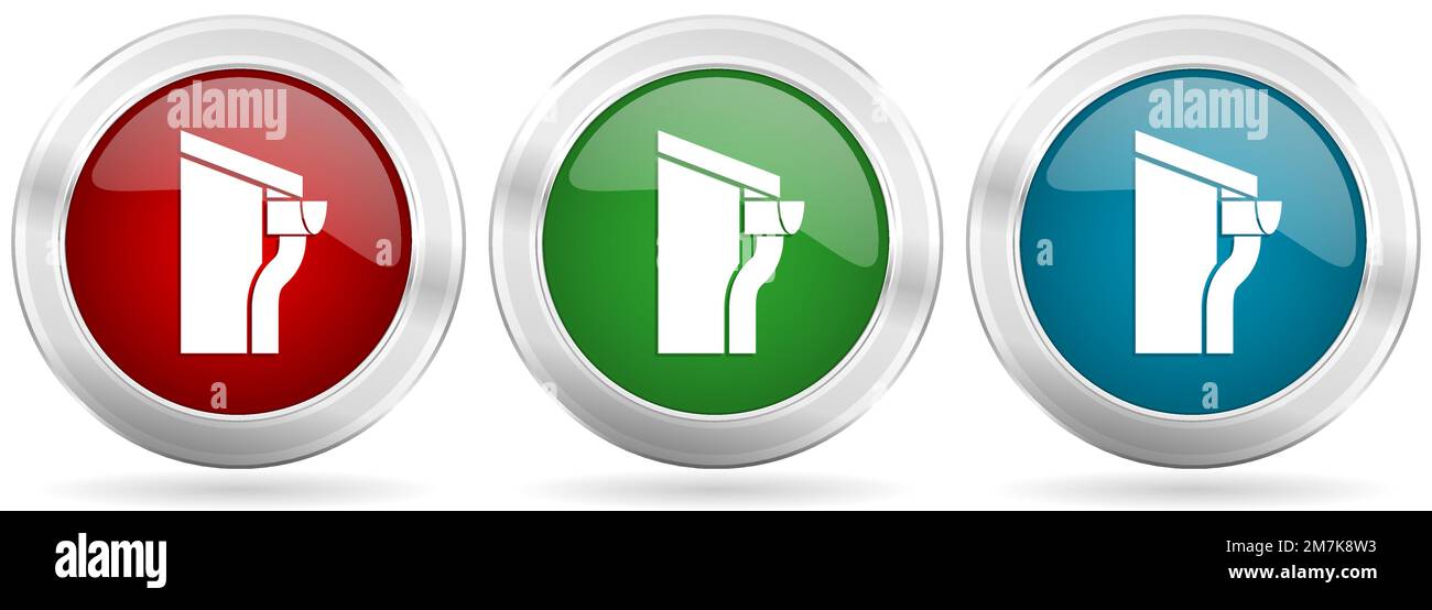 House with gutter vector icon set. Red, blue and green silver metallic ...