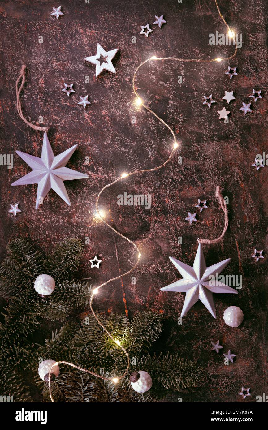 Christmas decorations. Xmas background with star trinkets and baubles ...