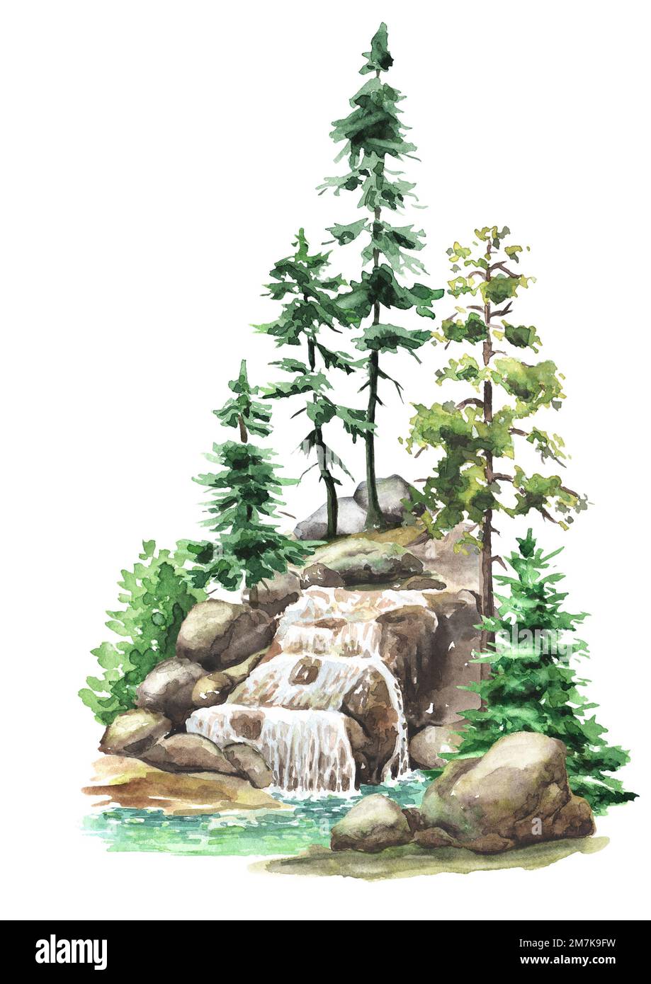 Forest Waterfall, Hand drawn watercolor illustration isolated on white ...