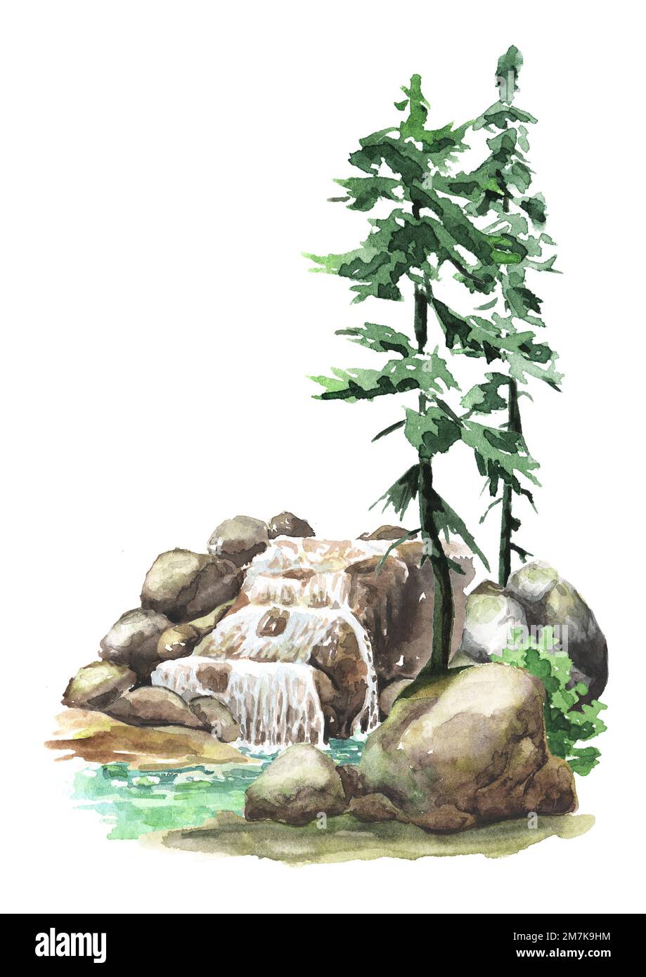 Forest Waterfall, Hand drawn watercolor illustration isolated on white ...