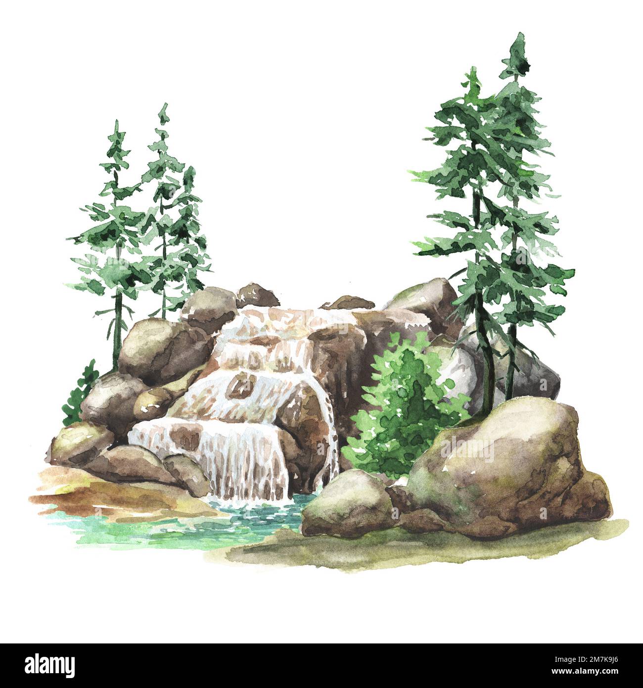 Forest Waterfall. Hand drawn watercolor illustration isolated on white ...