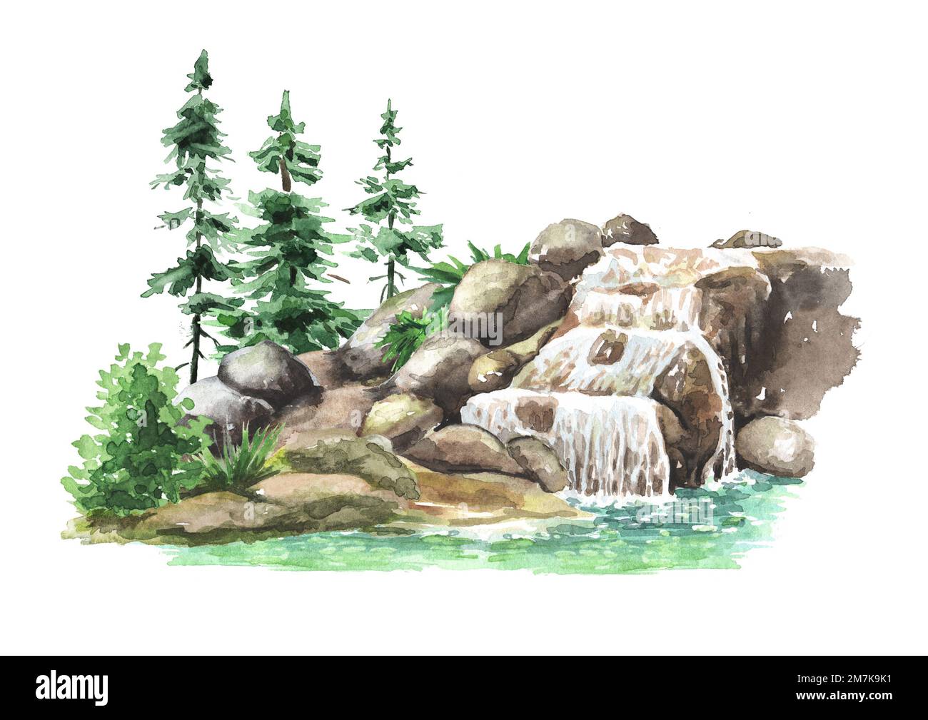 Forest Waterfall. Hand drawn watercolor illustration, isolated on white ...