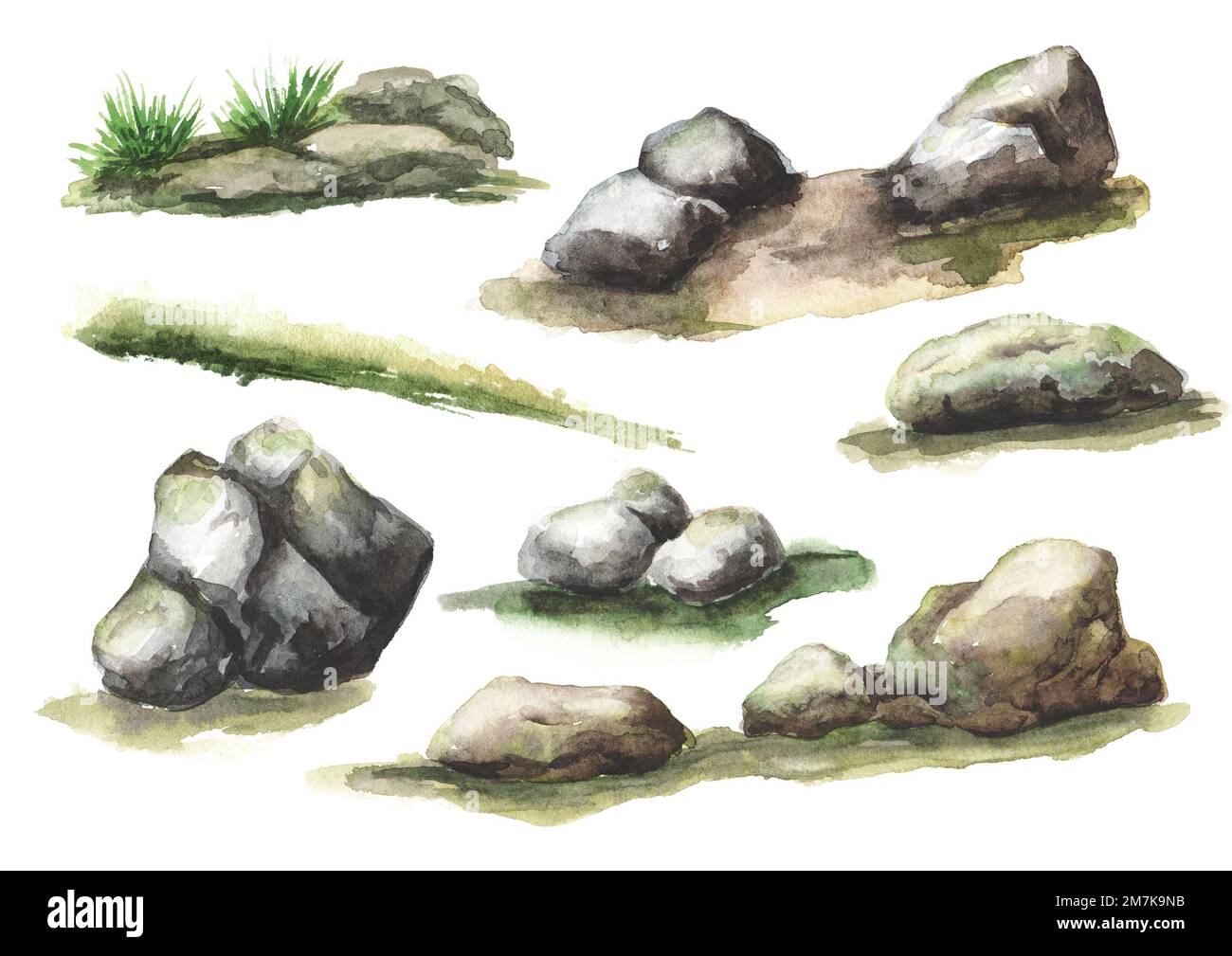 Stones set. Hand drawn watercolor illustration isolated on white ...