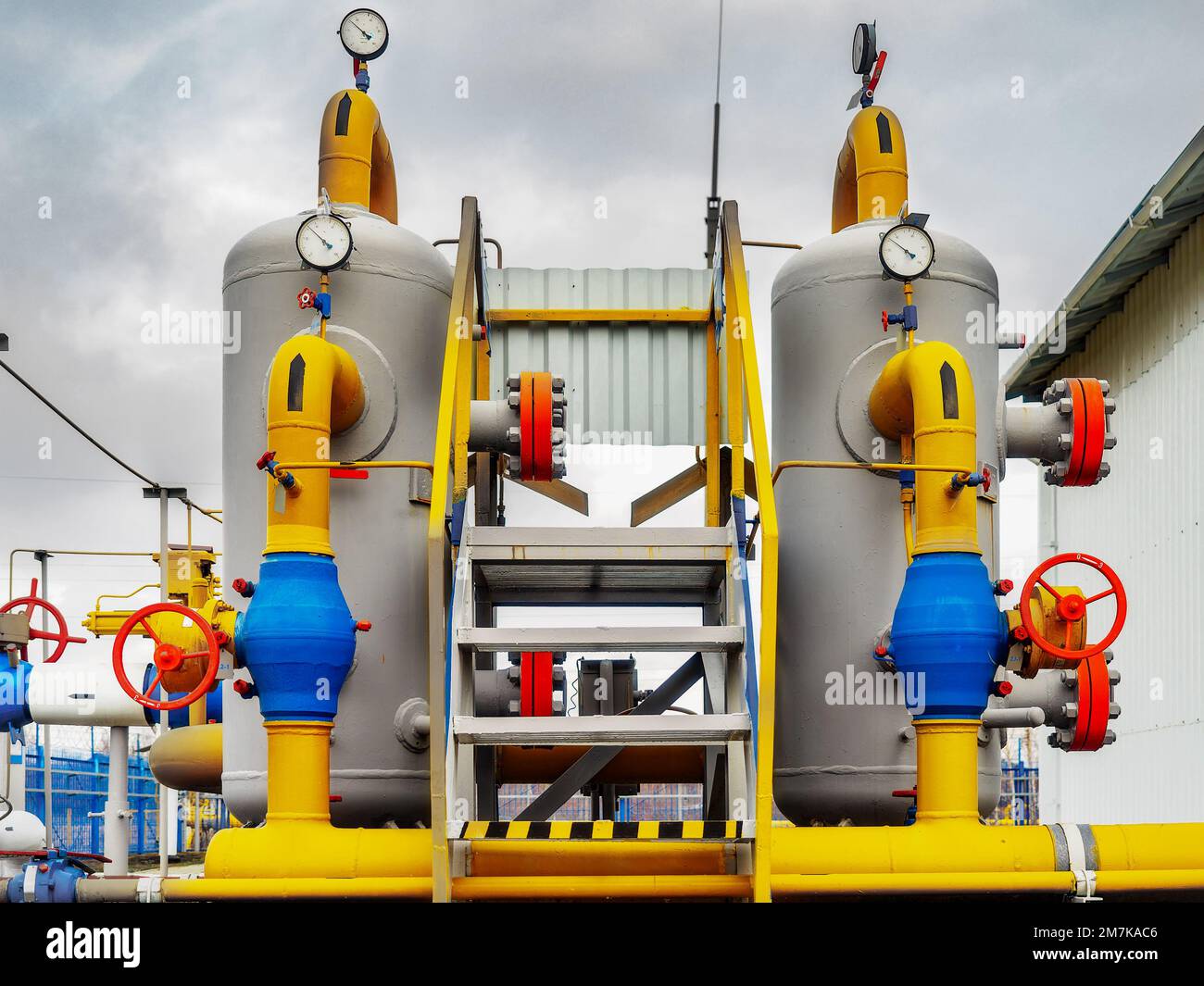 Gas distribution station. Pipes, valves and equipment of compressor ...