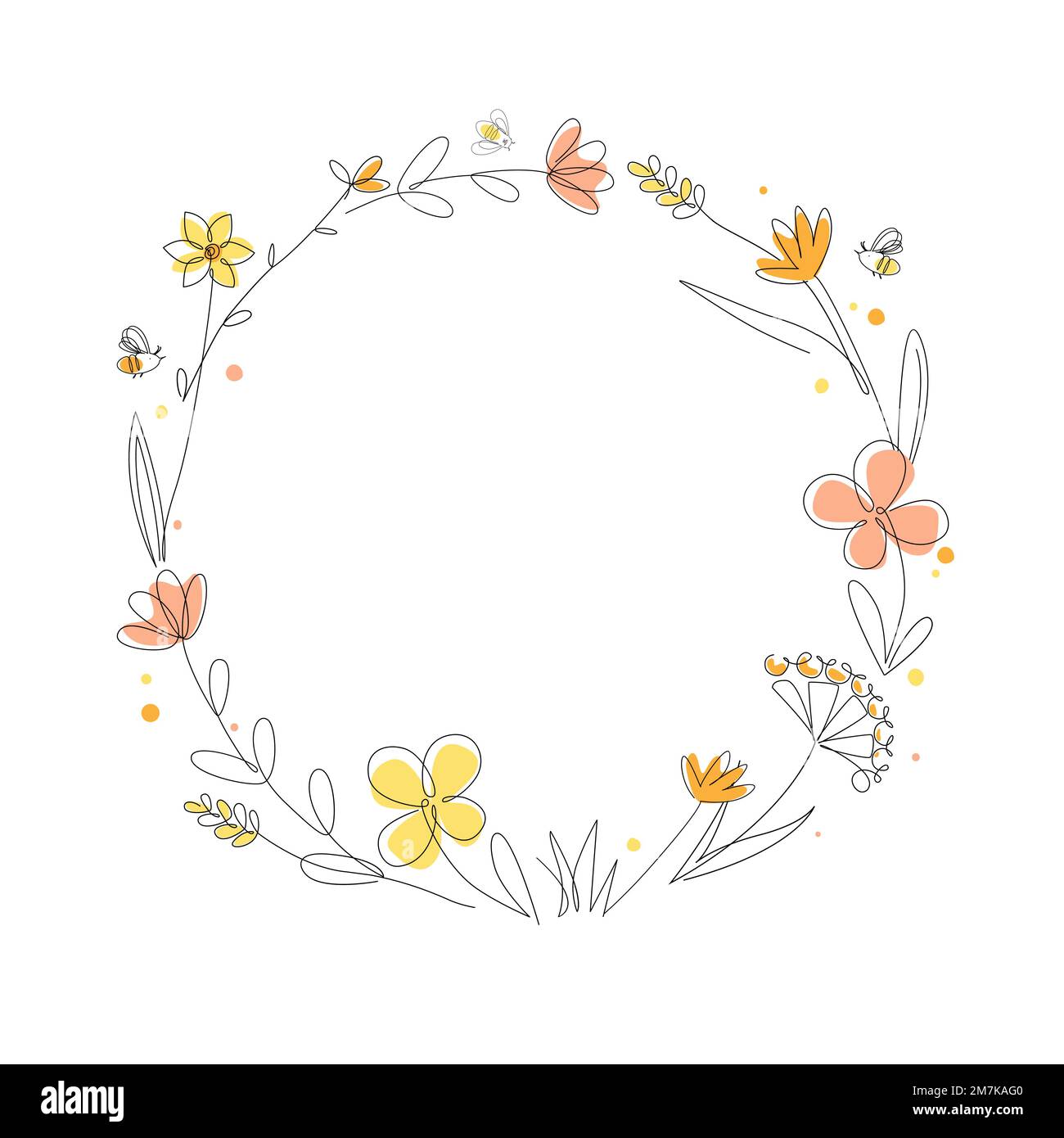 Round doodle frame of bees and flowers in continuous line drawing style ...