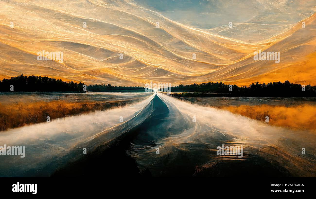 Sunset atmosphere concept art with the center of the lake split in ...