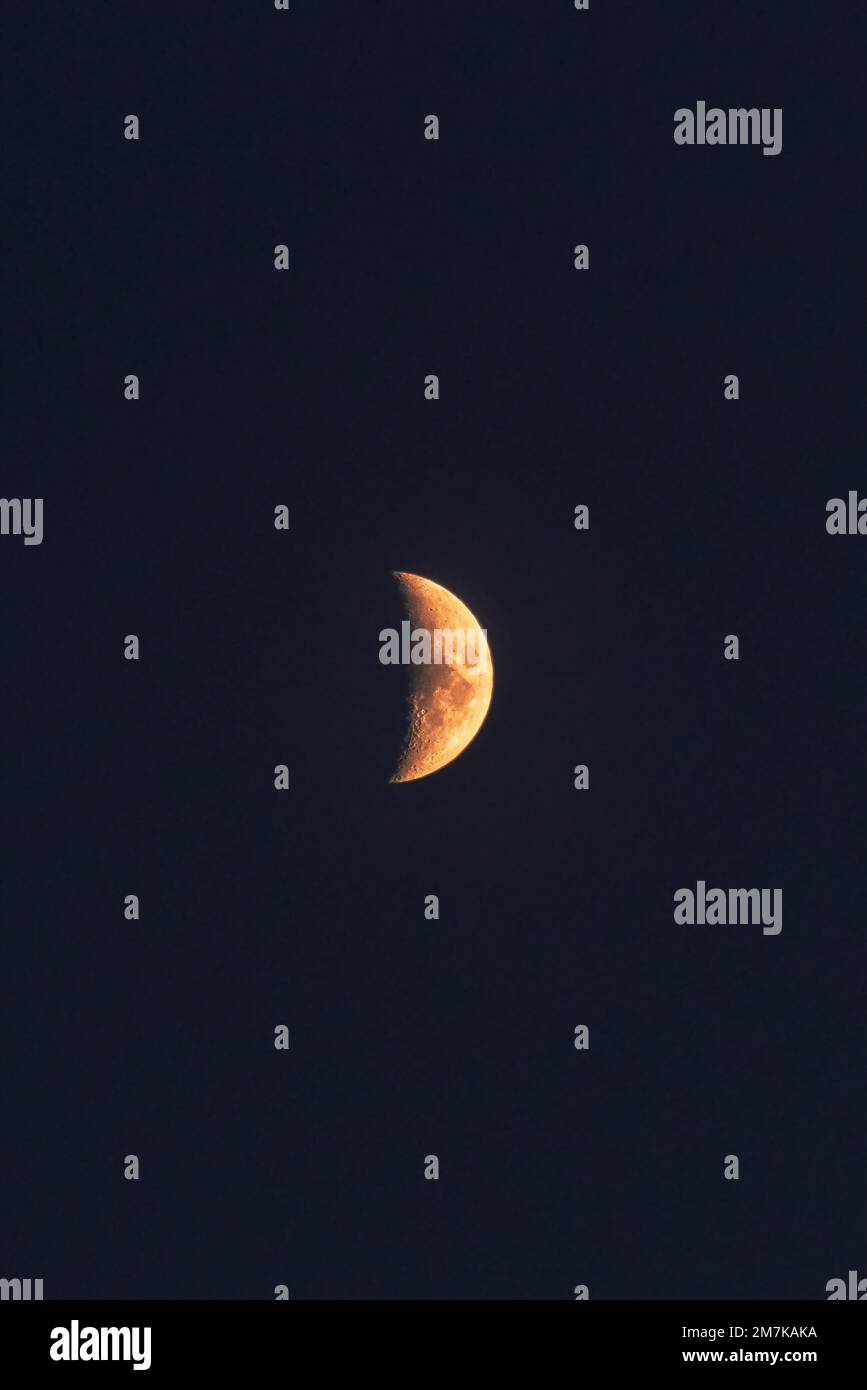 A vertical of the half-moon shining bright in the dark night sky for ...