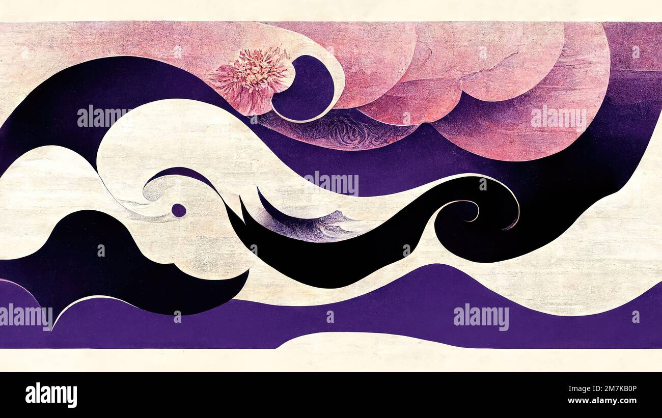 Purple, white and black waves and pink clouds, abstract and striking, retro and elegant ...