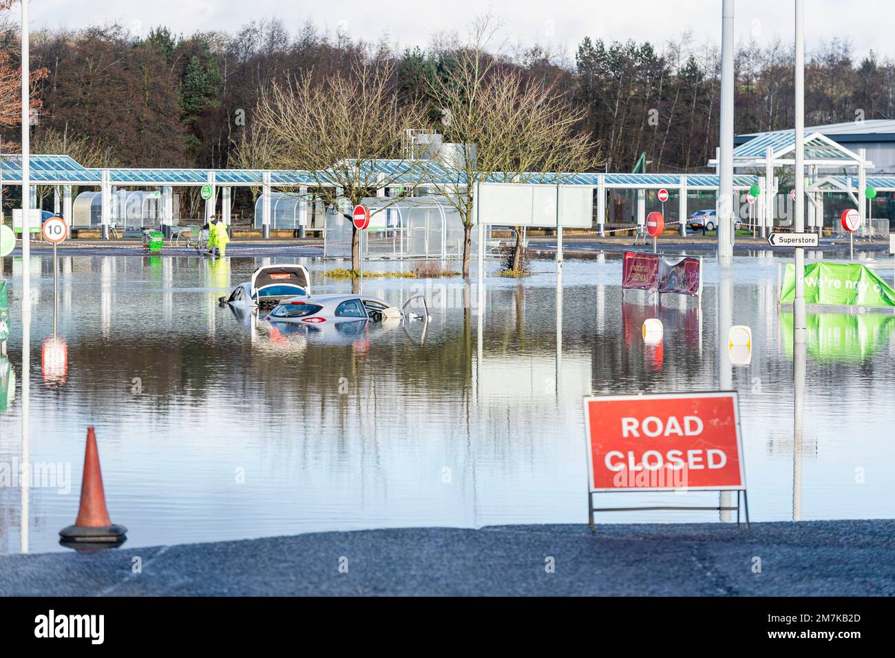 Scenes of a flooded Halbeath retail park in Dunfermline, as parts of ...