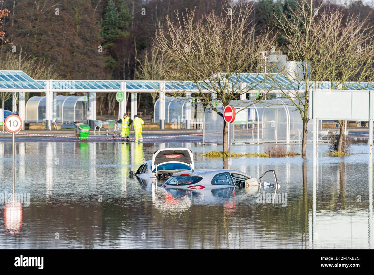 Scenes of a flooded Halbeath retail park in Dunfermline, as parts of ...