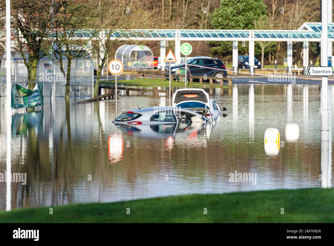Scenes of a flooded Halbeath retail park in Dunfermline, as parts of ...