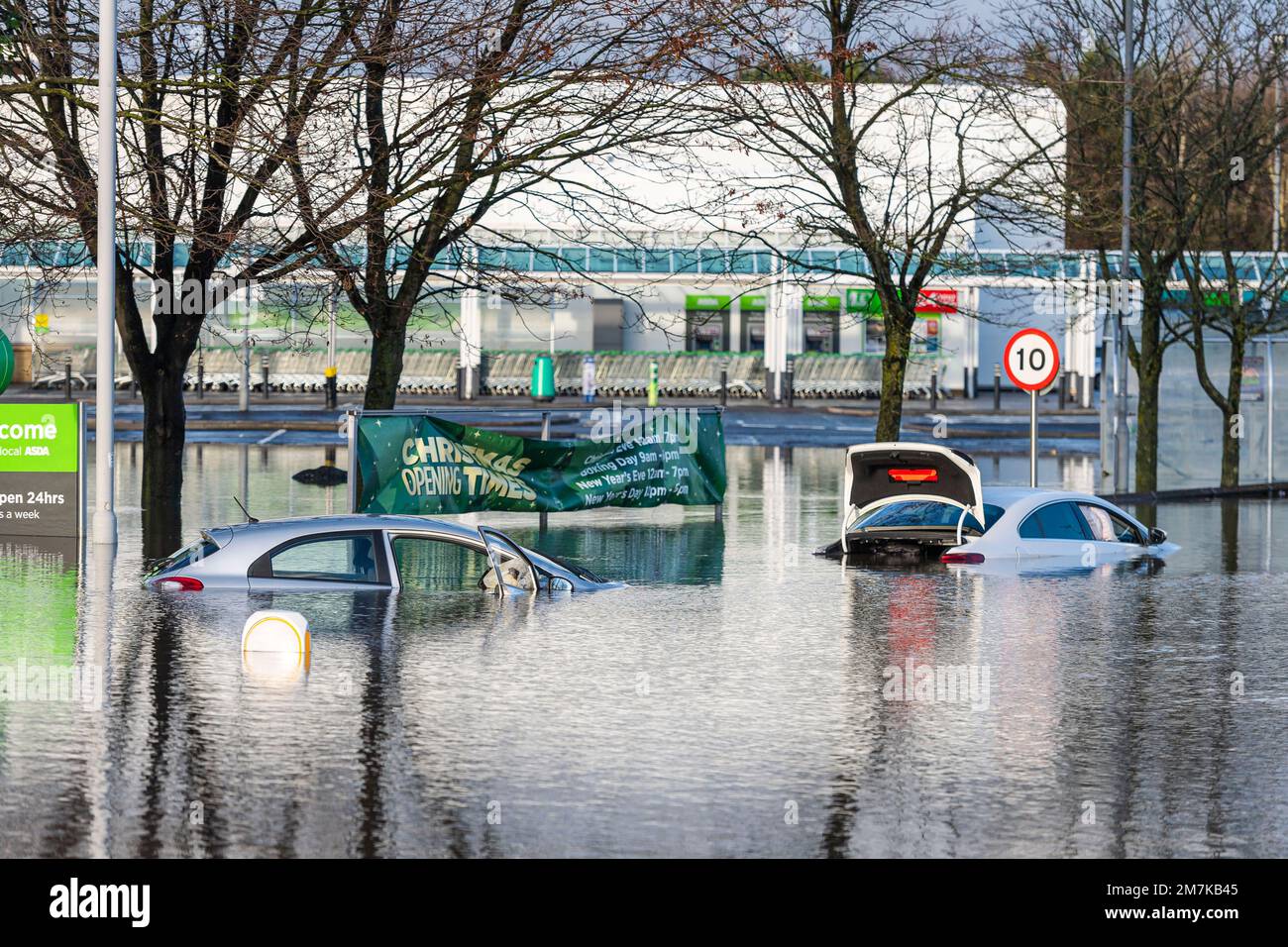 Scenes of a flooded Halbeath retail park in Dunfermline, as parts of ...