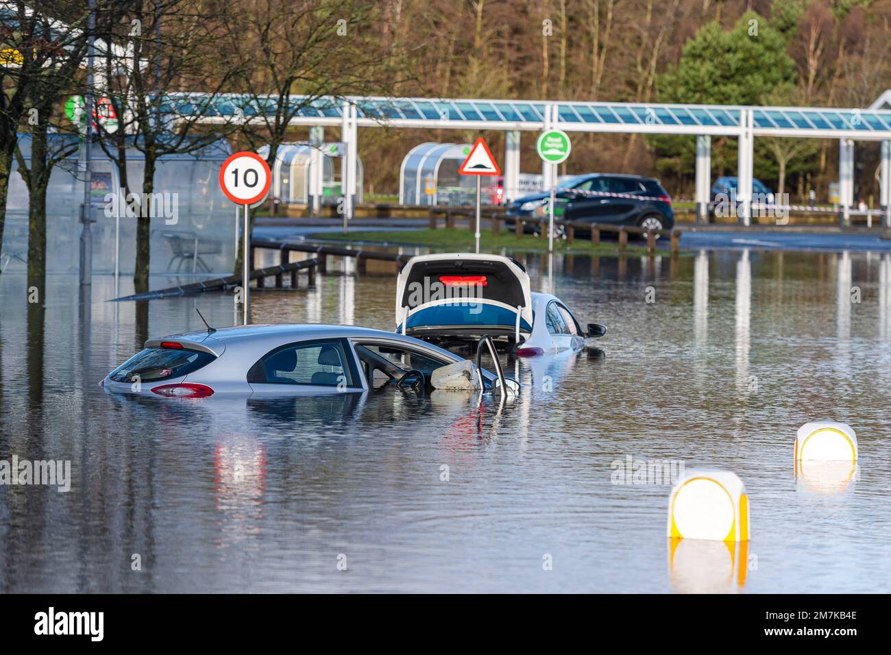 Scenes of a flooded Halbeath retail park in Dunfermline, as parts of ...