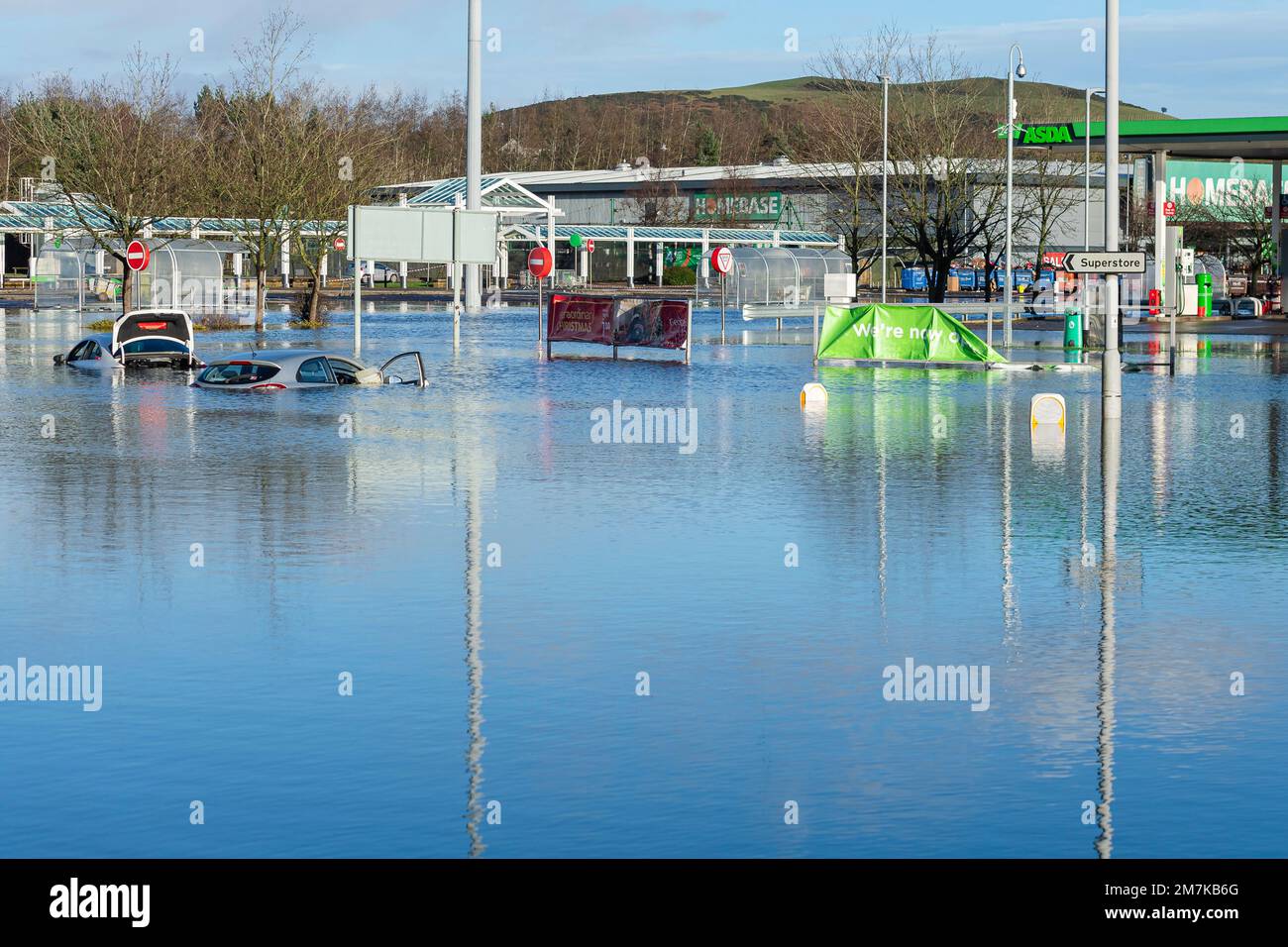 Scenes of a flooded Halbeath retail park in Dunfermline, as parts of ...