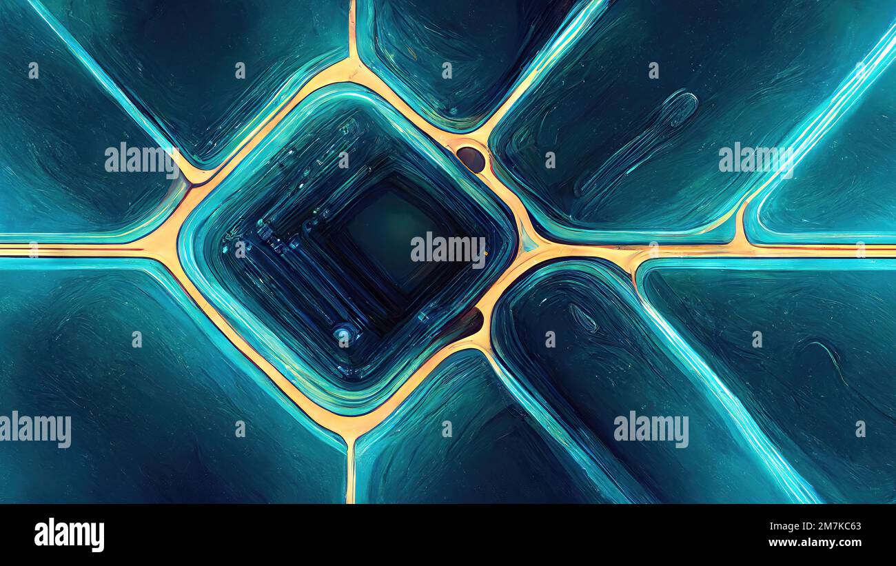 A set of blue CPU-like circuits, diamond-shaped mechanical structures ...