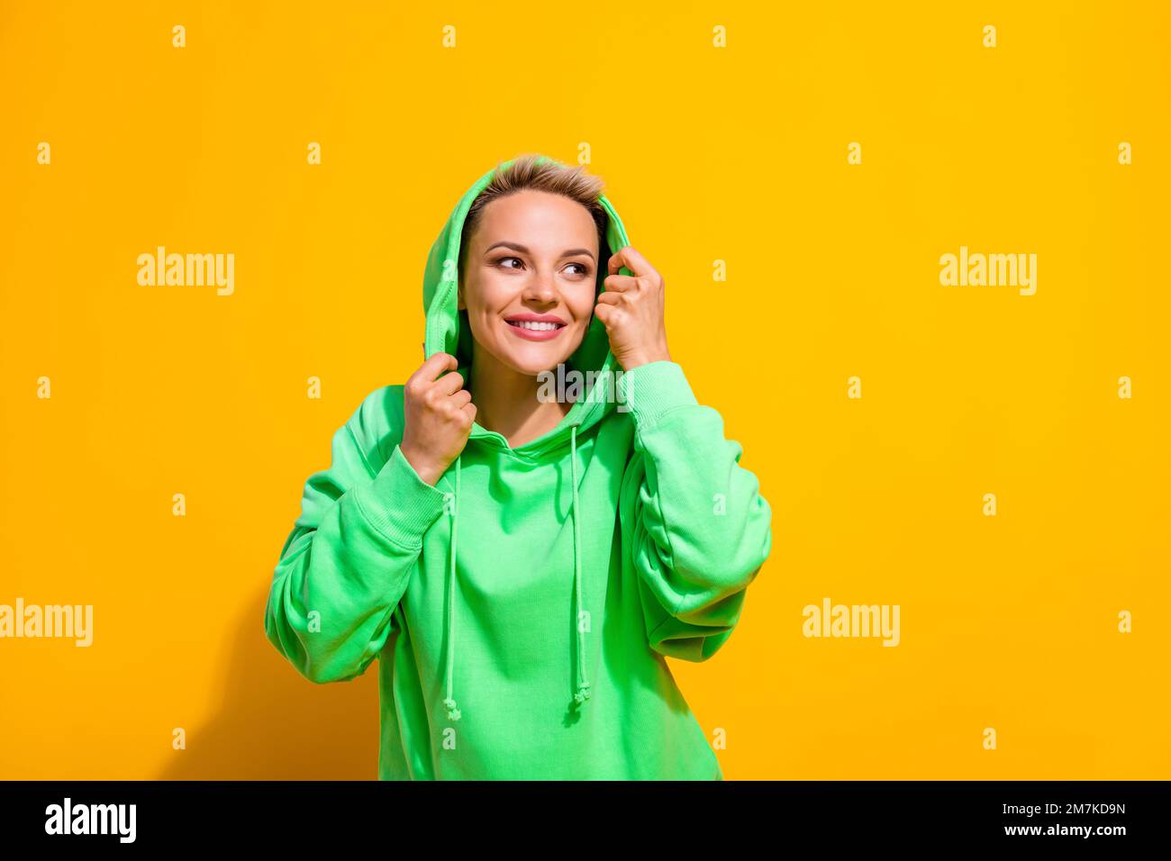 Photo of attractive smile cheerful lady short blonde hair wear stylish ...