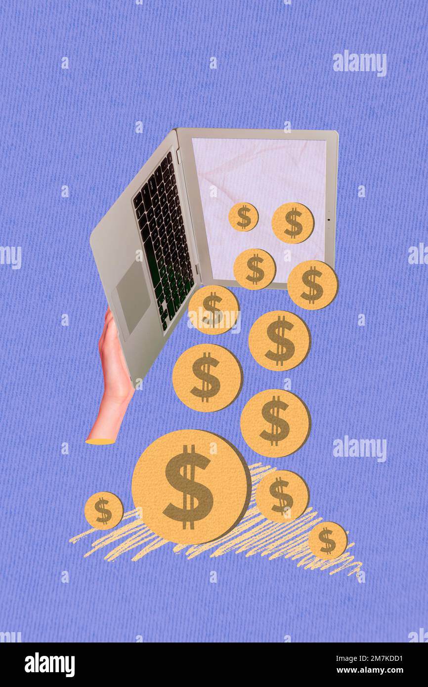 Creative drawing collage picture of arm holding laptop netbook pouring ...