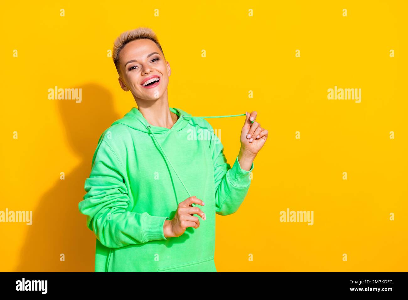 Photo of young charming adorable funny hipster blonde short hair woman ...