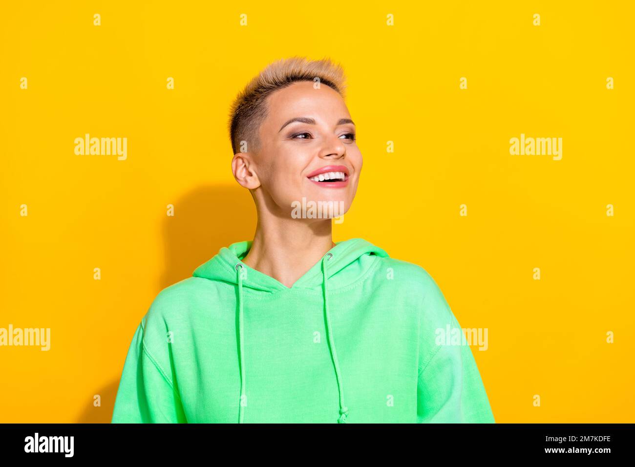 Photo of young cheerful positive dreamy look empty space blonde short ...