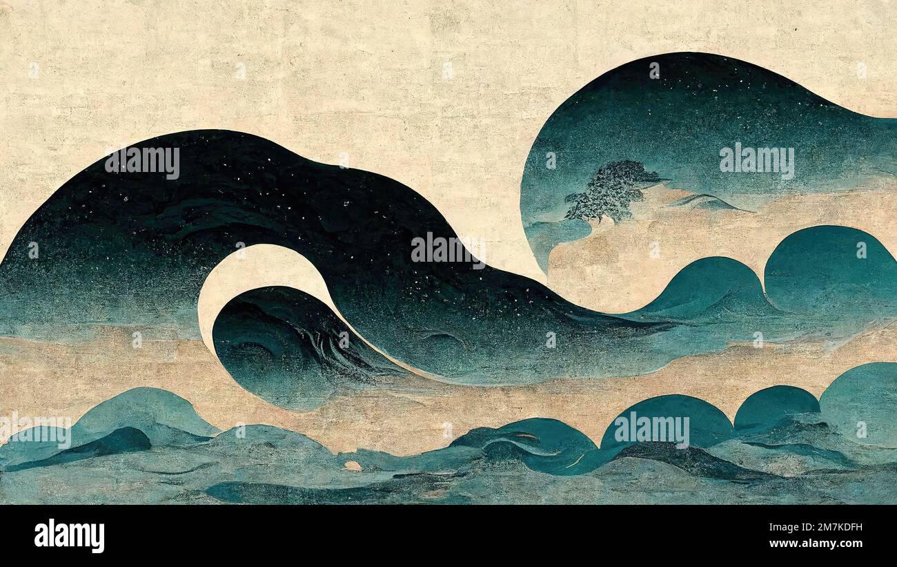 Beautiful wave-like curves with emerald green organic objects, abstract ...