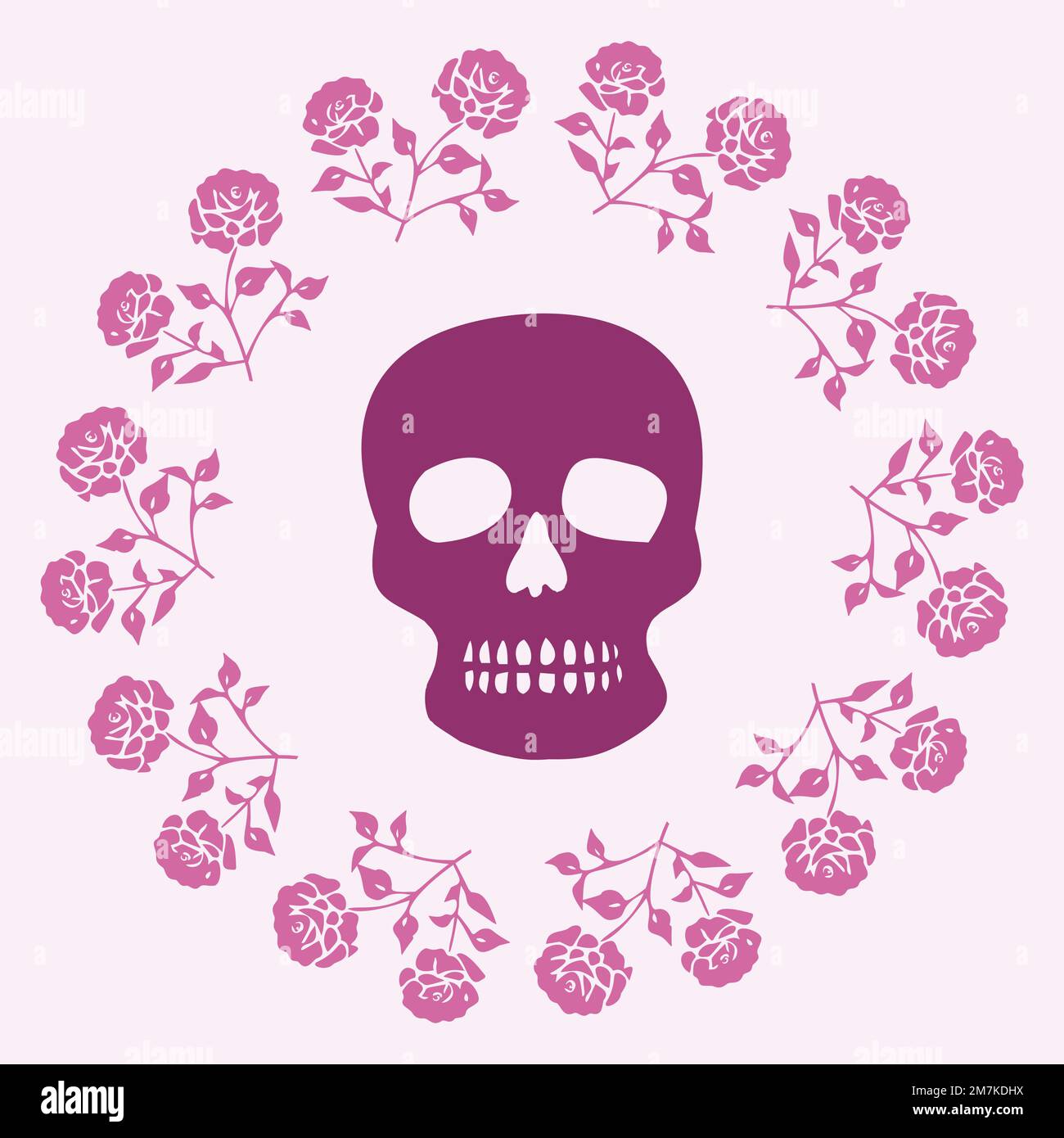Floral skull tattoo low brow illustration. Vector gothic skeleton ink ...