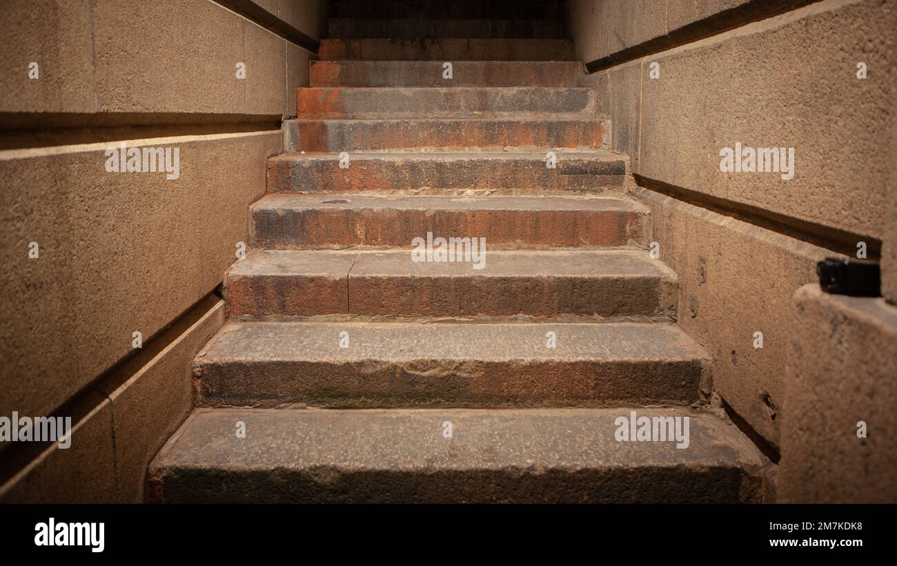 Stone Steps. Wide angle architectural detail of illuminated outdoor ...