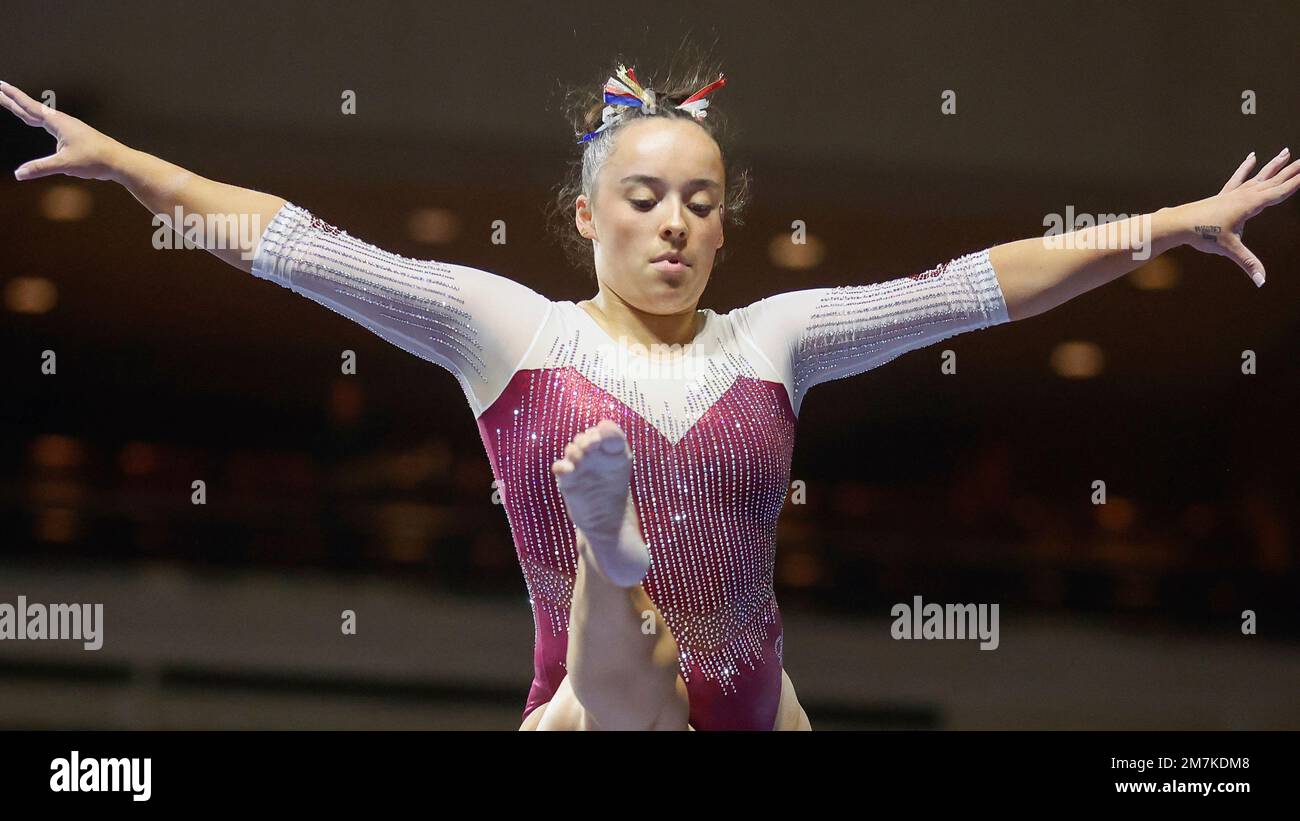 Oklahoma's Faith Torrez competes on the Balance beam during an NCAA ...