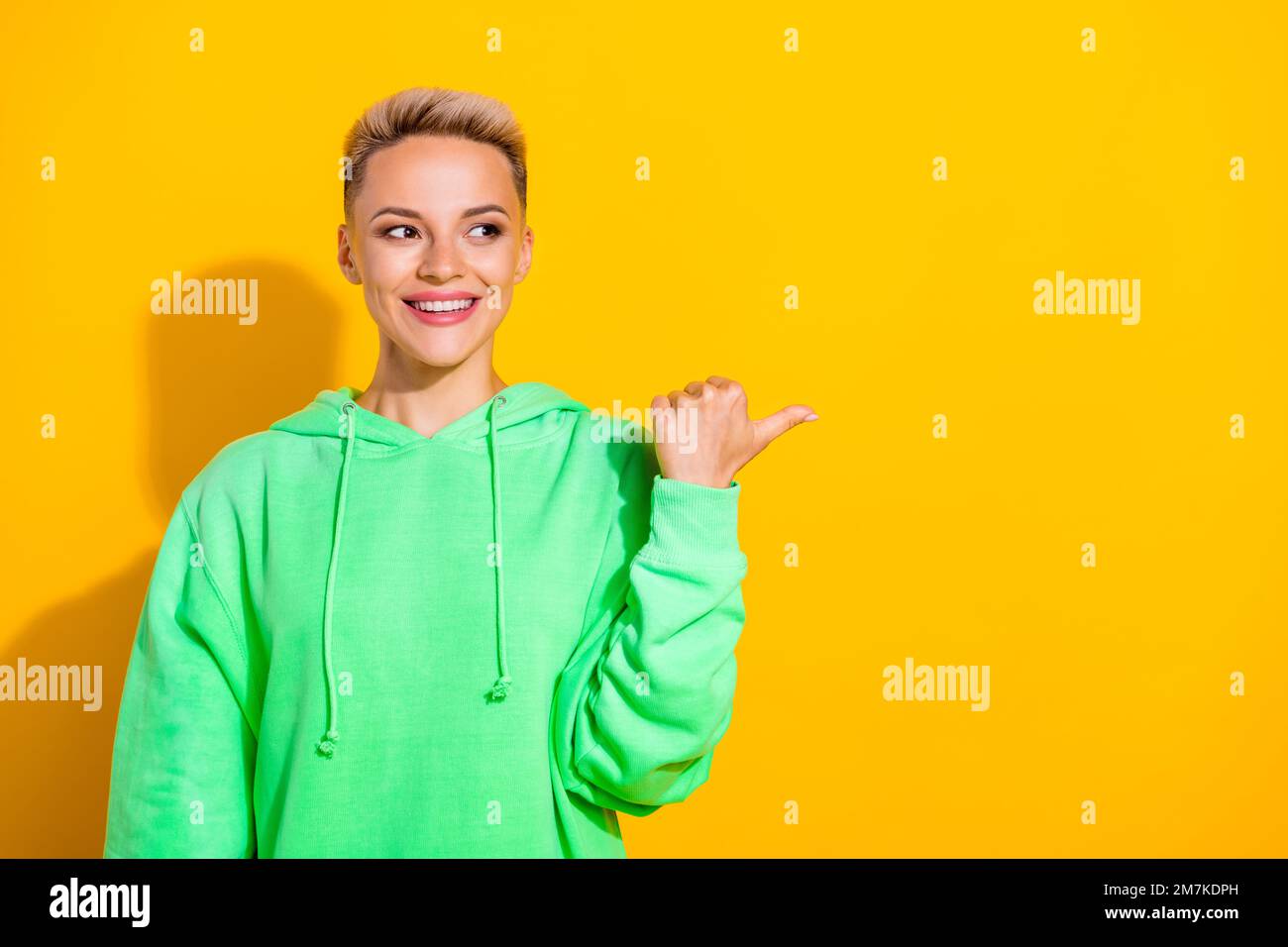 Photo of young cheerful good mood smiling blonde short hair lady wear ...