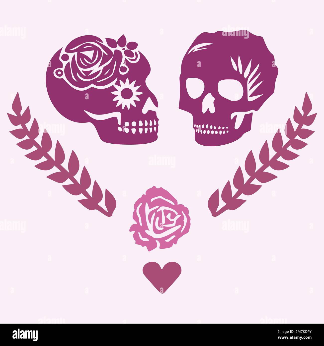 Gothic valentines day skull vector illustration in viva magenta. Tattoo ...